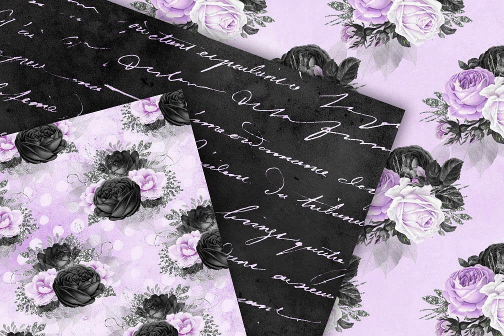 Purple and Black Floral Digital Paper Shabby Black and - Etsy