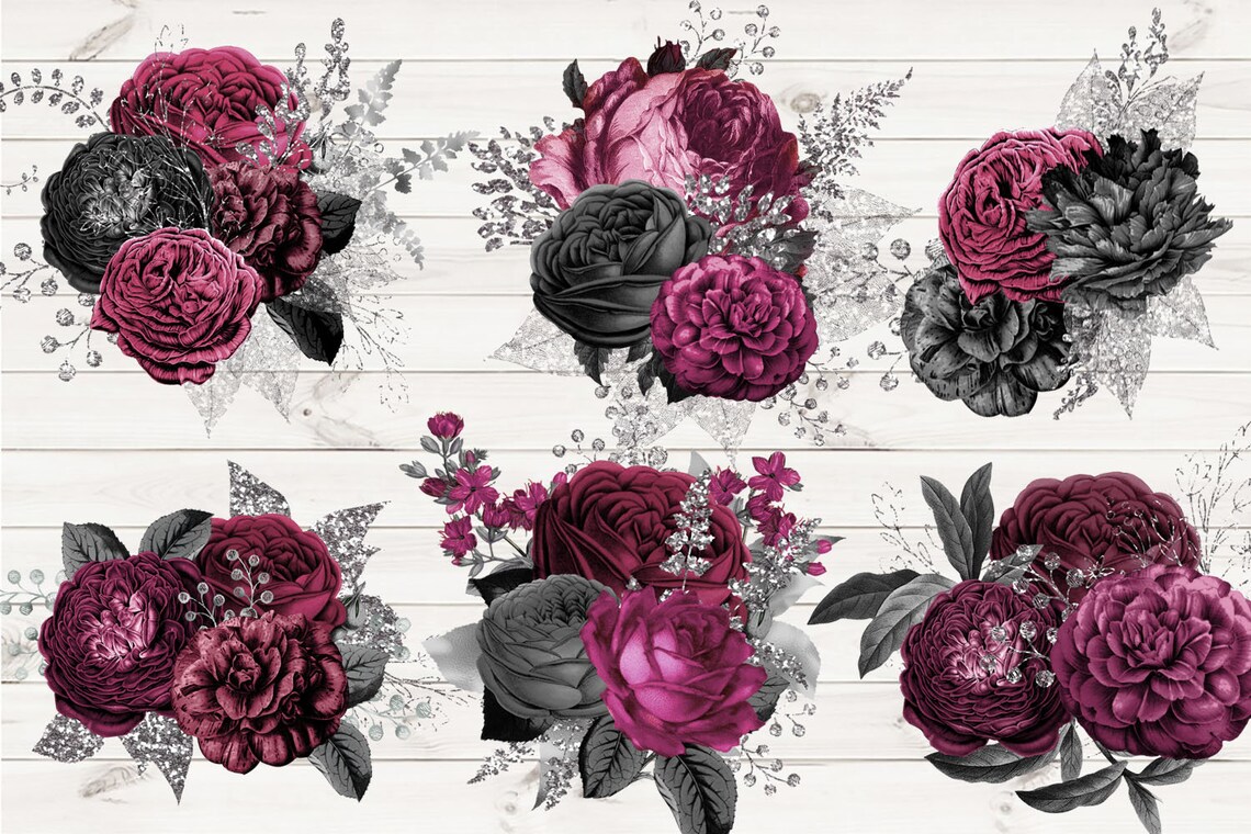 Marsala Black and Silver Floral Clipart Purple Flower - Etsy