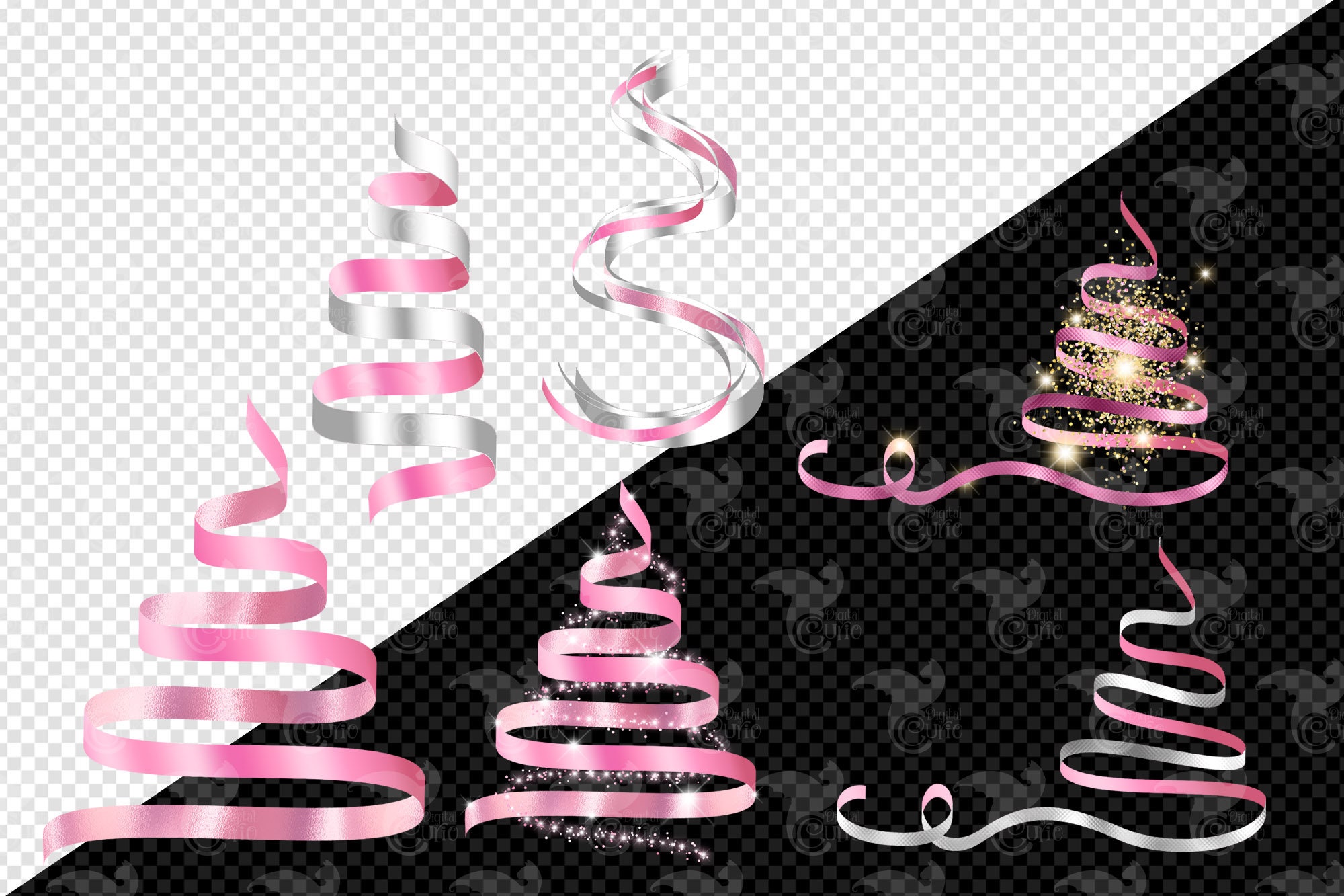 Pink Ribbon Christmas Tree Clip Art Digital Holiday Glitter - Etsy