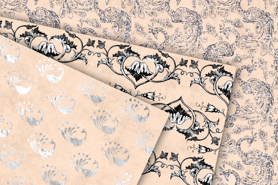 Peach and Silver Peacock Digital Paper Seamless Peacock - Etsy