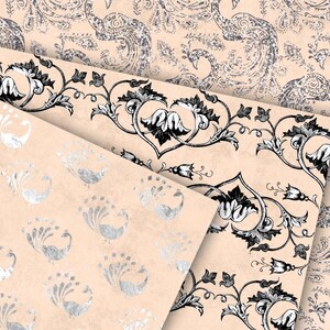 Peach and Silver Peacock Digital Paper, Seamless Peacock Patterns ...
