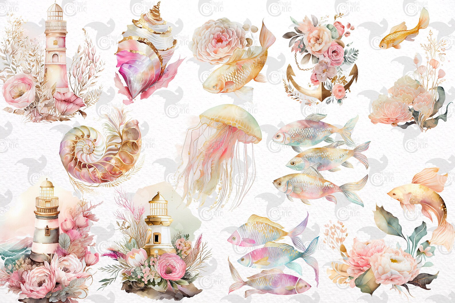 Watercolor Boho Nautical Clipart - Ocean Beach Wedding PNG Format ...