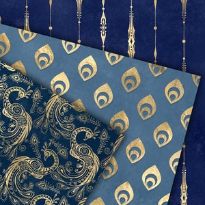 Blue and Gold Peacock Digital Paper, Seamless Patterns (digital ...