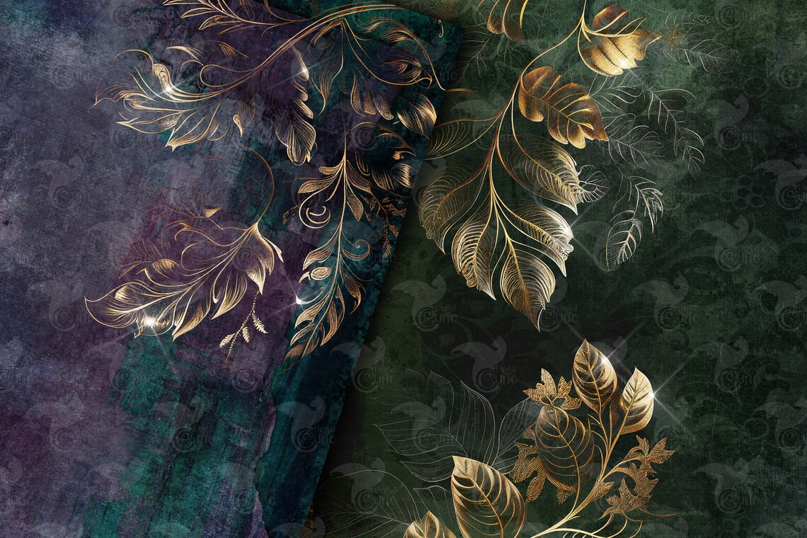 Ornate Gold Forest Digital Paper Dark Green Woodland Grunge - Etsy
