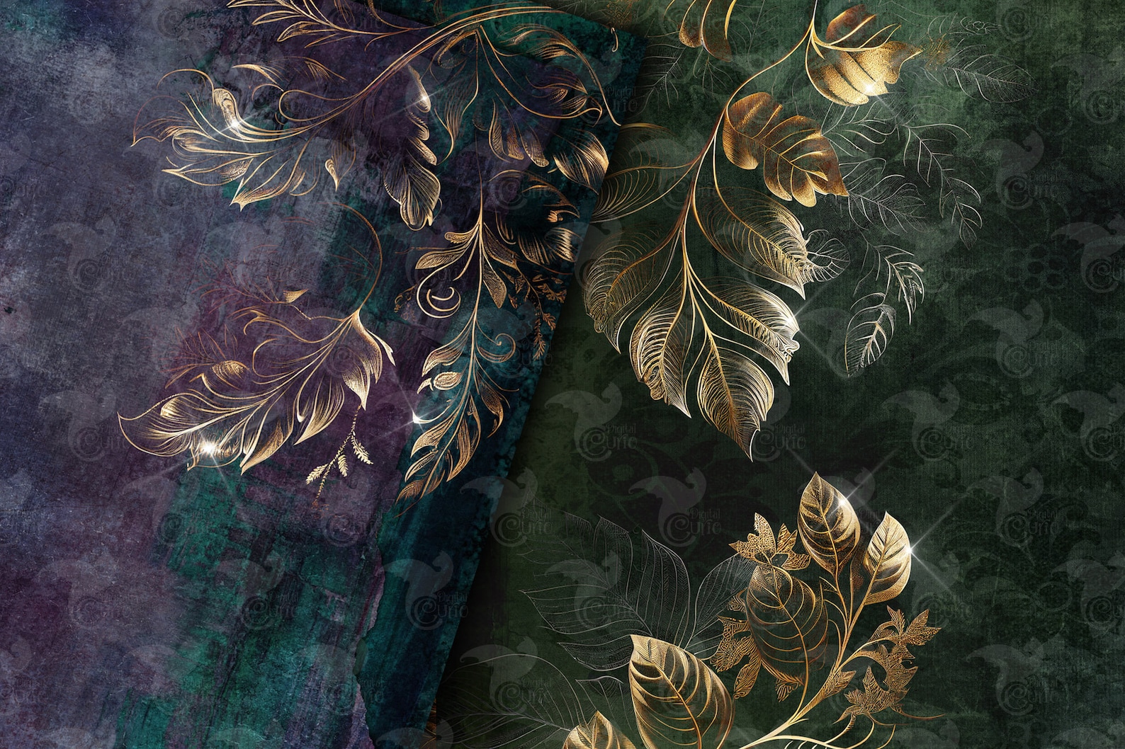 Ornate Gold Forest Digital Paper Dark Green Woodland Grunge - Etsy