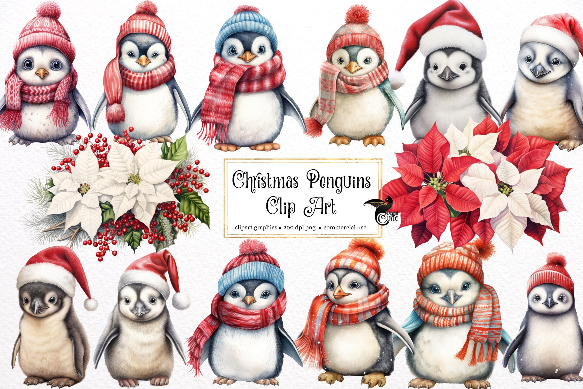 Christmas Penguins Clipart - Holiday Floral PNG (commercial Use) - Etsy