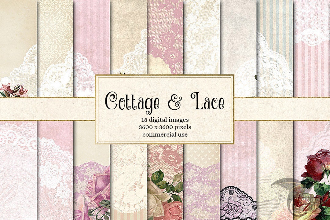Cottage and Lace Digital Paper, Shabby Rustic Digital Paper, Vintage ...