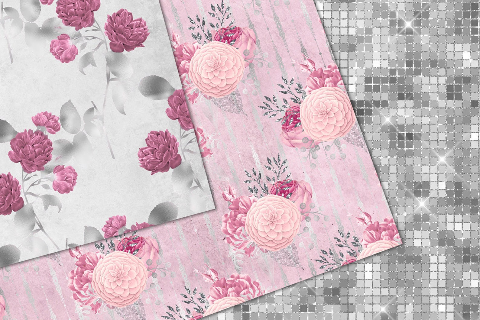 Pink and Silver Floral Digital Paper Seamless Pink Rose - Etsy
