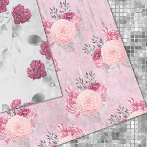 Pink Silver Floral Digital Paper: Seamless Rose Scrapbook Patterns ...