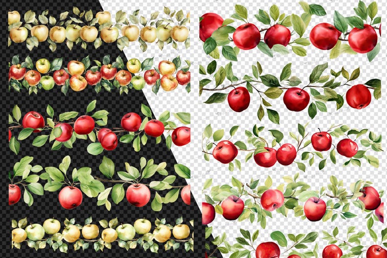 Watercolor Apple Borders Clipart - Seamless Botanical Design (PNG ...
