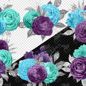 Purple and Turquoise Bouquets Clipart - Digital Floral Arrangements in ...