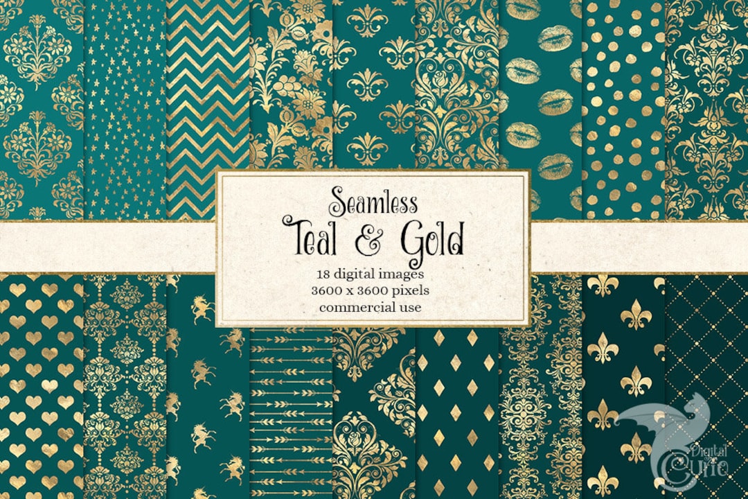 Teal and Gold Digital Paper, Aqua Seamless Gold Foil Patterns, Foil ...