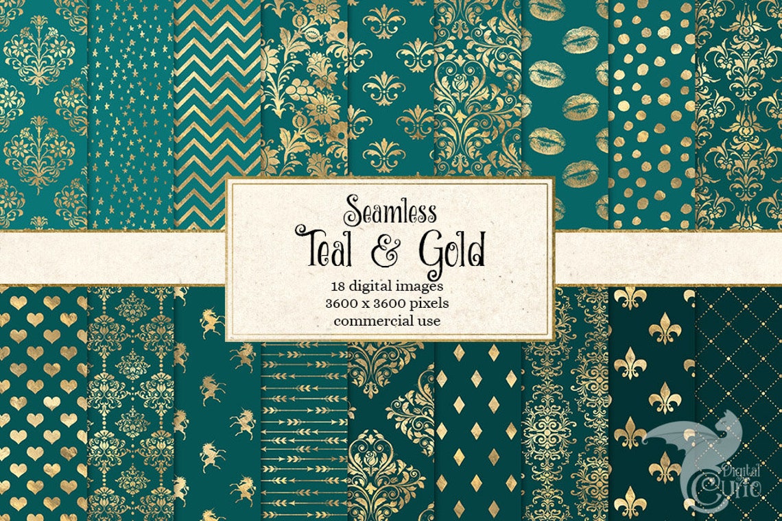 Teal and Gold Digital Paper Aqua Seamless Gold Foil Patterns - Etsy
