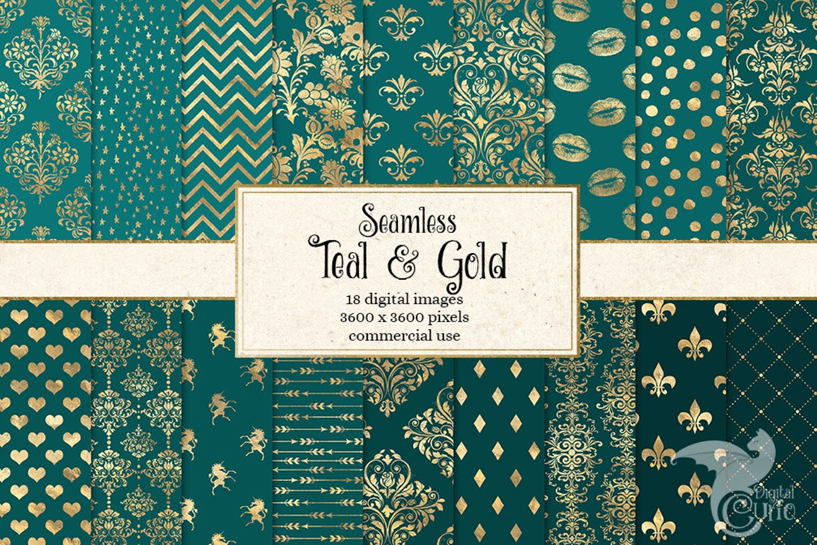 Teal and Gold Digital Paper Aqua Seamless Gold Foil Patterns - Etsy