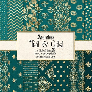 Teal and Gold Digital Paper, Aqua Seamless Gold Foil Patterns, Foil ...