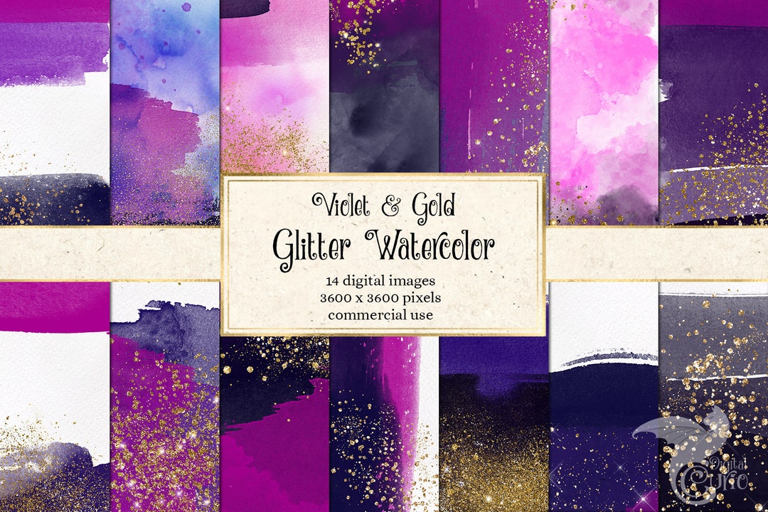 Violet and Gold Glitter Watercolor Digital Paper - Watercolour Textures ...