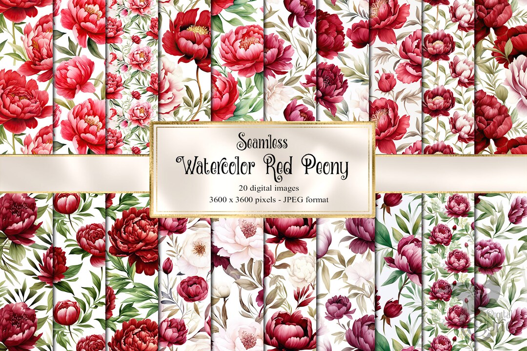 Watercolor Red Peony Digital Paper, Seamless Floral Printable Textures ...
