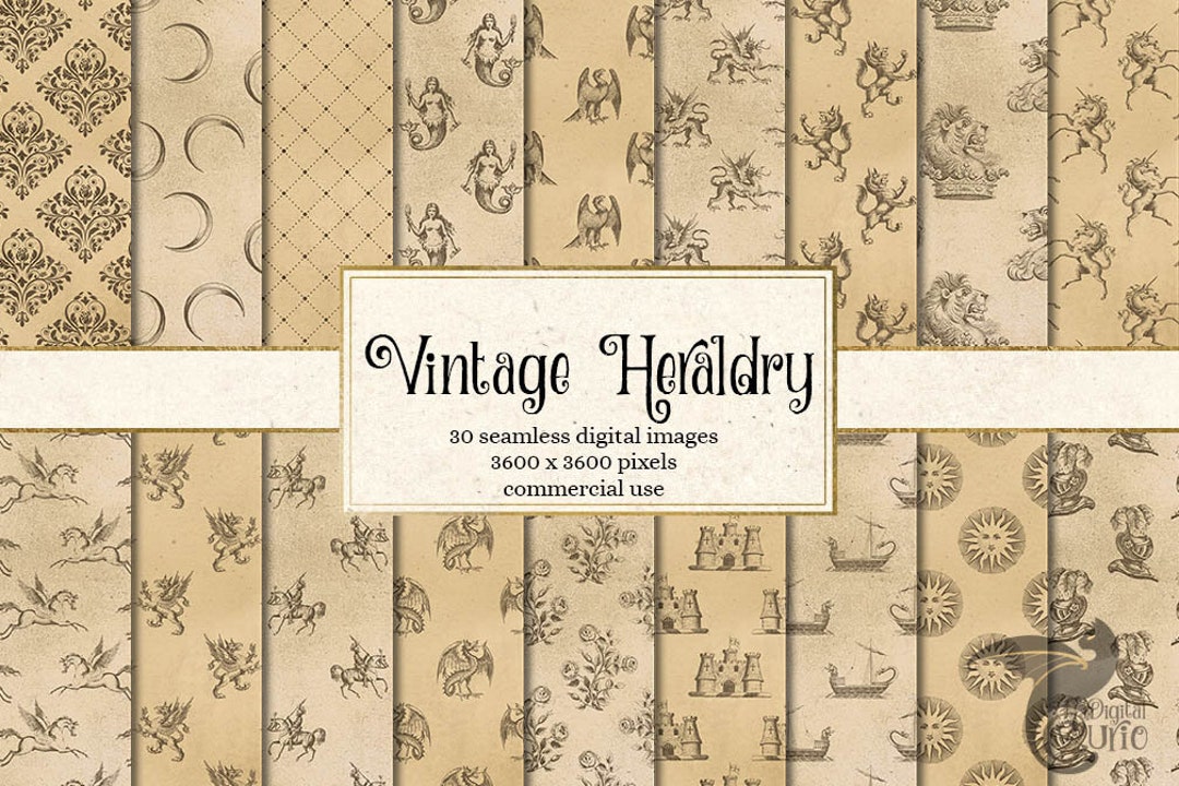 Vintage Heraldry Digital Paper - Crowns, Dragons, Vintage Damask ...