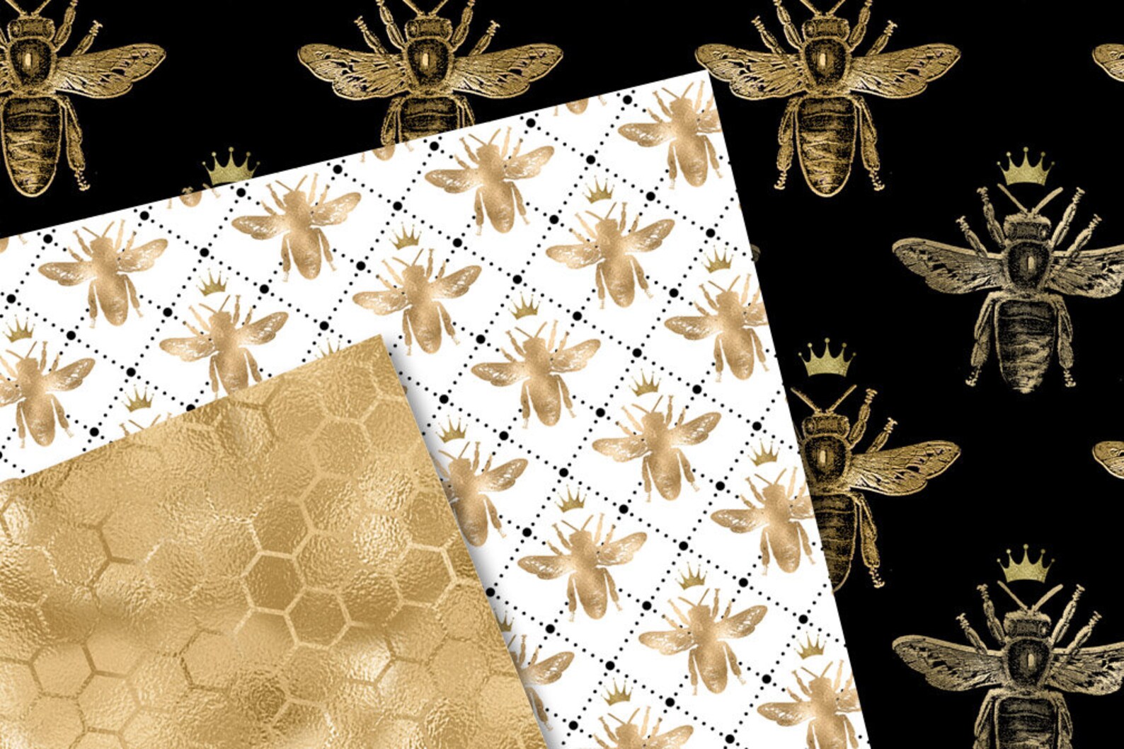 Honey Bee Digital Paper Seamless Patterns Black and Gold Bee | Etsy UK
