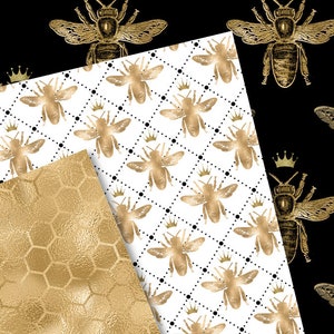 Honey Bee Digital Paper, Black and Gold Scrapbook Patterns (digital ...
