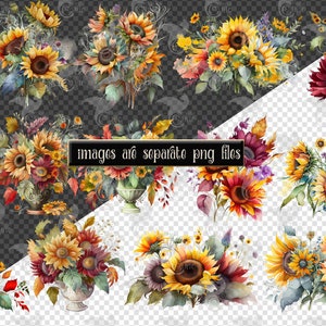 Watercolor Sunflower Bouquets Clipart - Fall Sunflower Floral in PNG ...