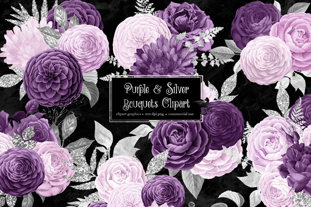 Purple and Silver Floral Bouquets Clipart, Digital Instant Download ...