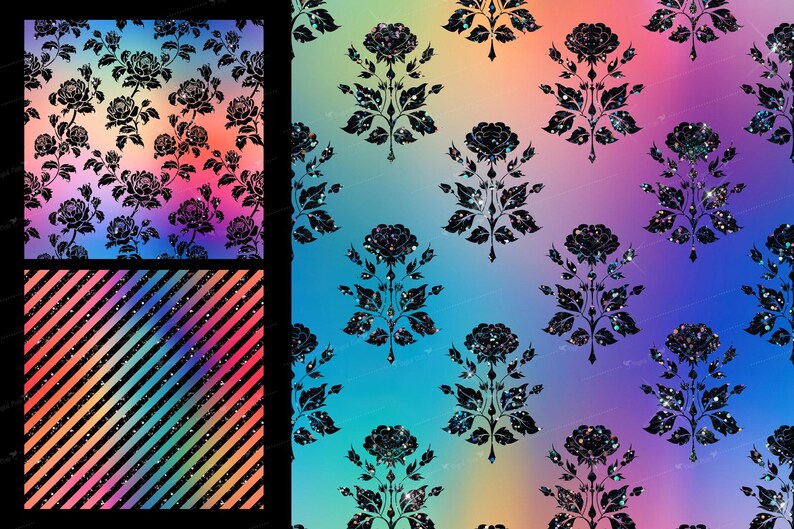 Rainbow Glitter Digital Paper, Damask & Royal Patterns (digital ...