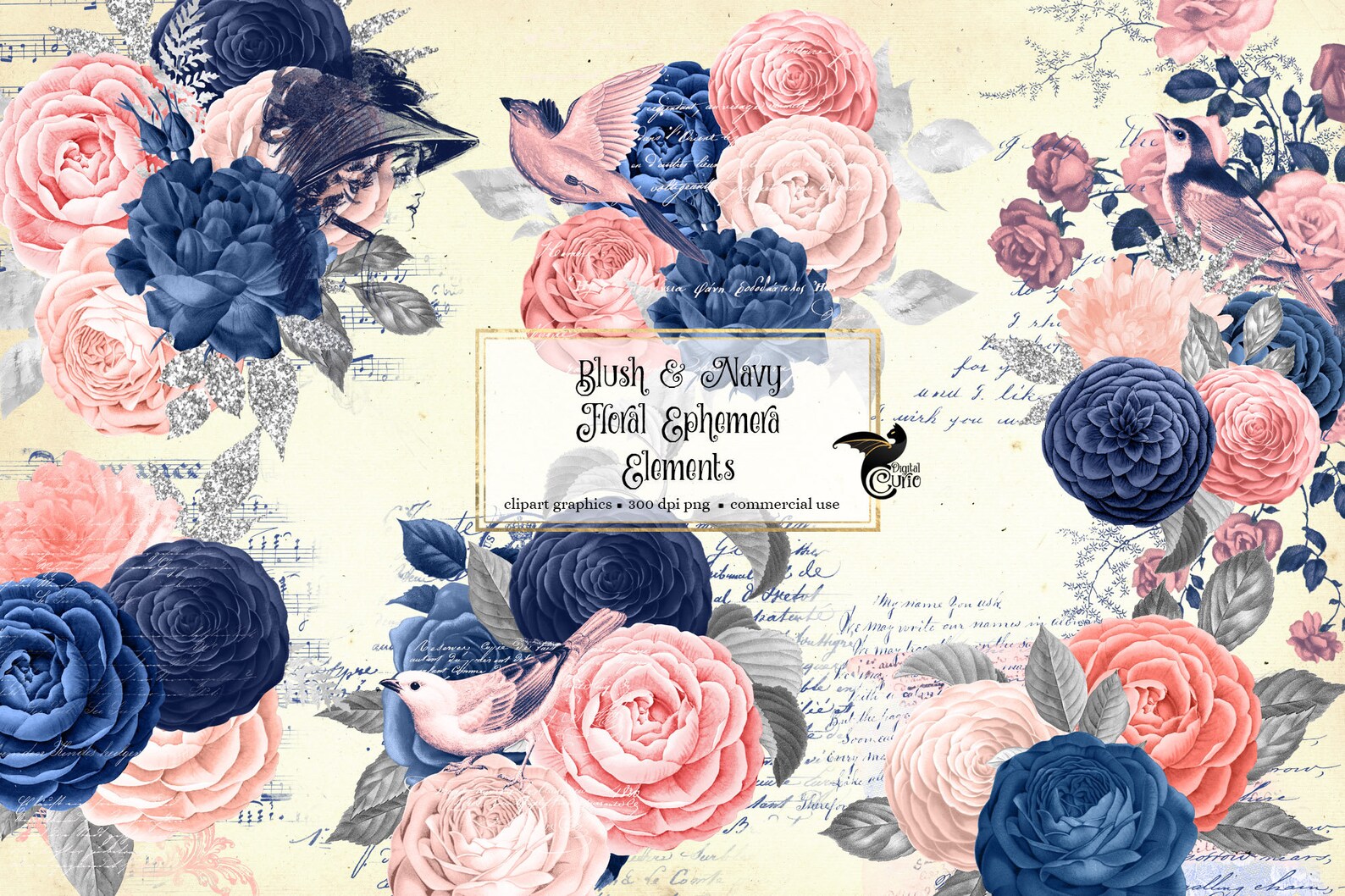 Blush & Navy Floral Clipart, Ephemera Embellishments (digital Download ...