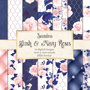 Blush and Navy Roses Digital Paper - Seamless Wedding Backgrounds ...