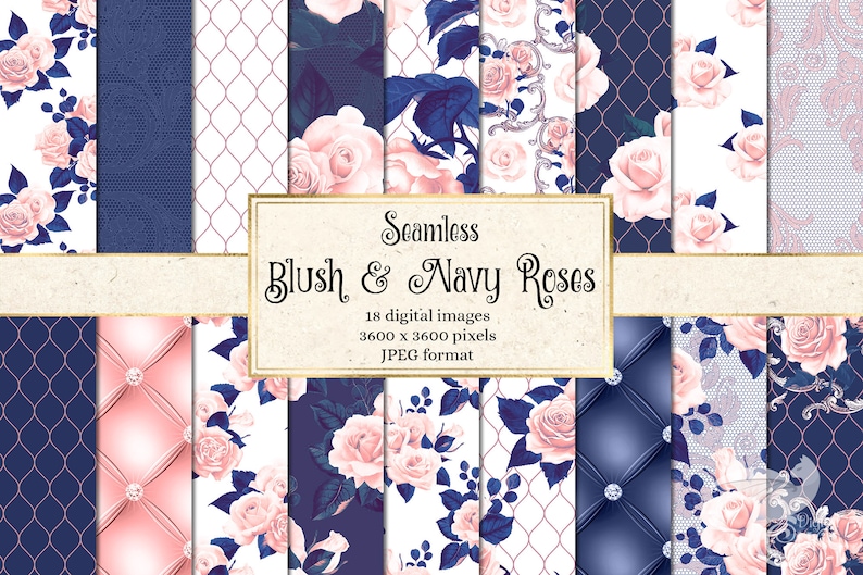 Blush and Navy Roses Digital Paper Seamless Wedding - Etsy