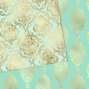 Mint and Gold Damask Digital Paper, Seamless Damask Patterns Printable ...