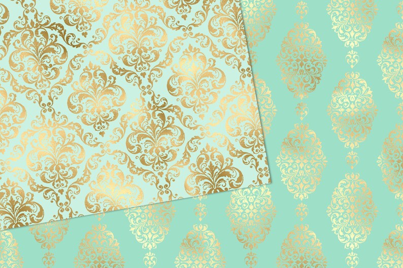 Mint and Gold Damask Digital Paper Seamless Damask Patterns | Etsy