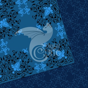 Blue Gothic Digital Paper, Seamless Skull Damask Halloween Patterns ...