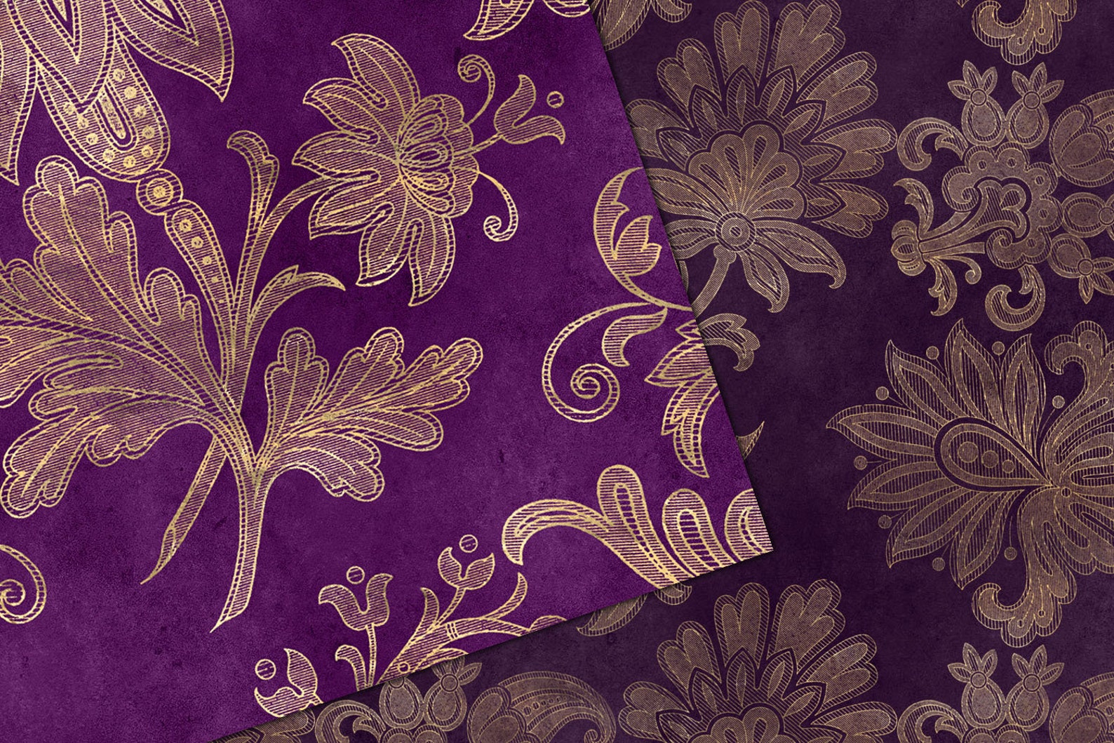 Purple Floral Velvet Digital Paper Seamless Gold Damask - Etsy