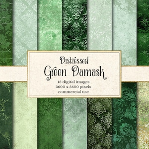 Green Distressed Damask Digital Paper, Rustic Vintage Textured ...