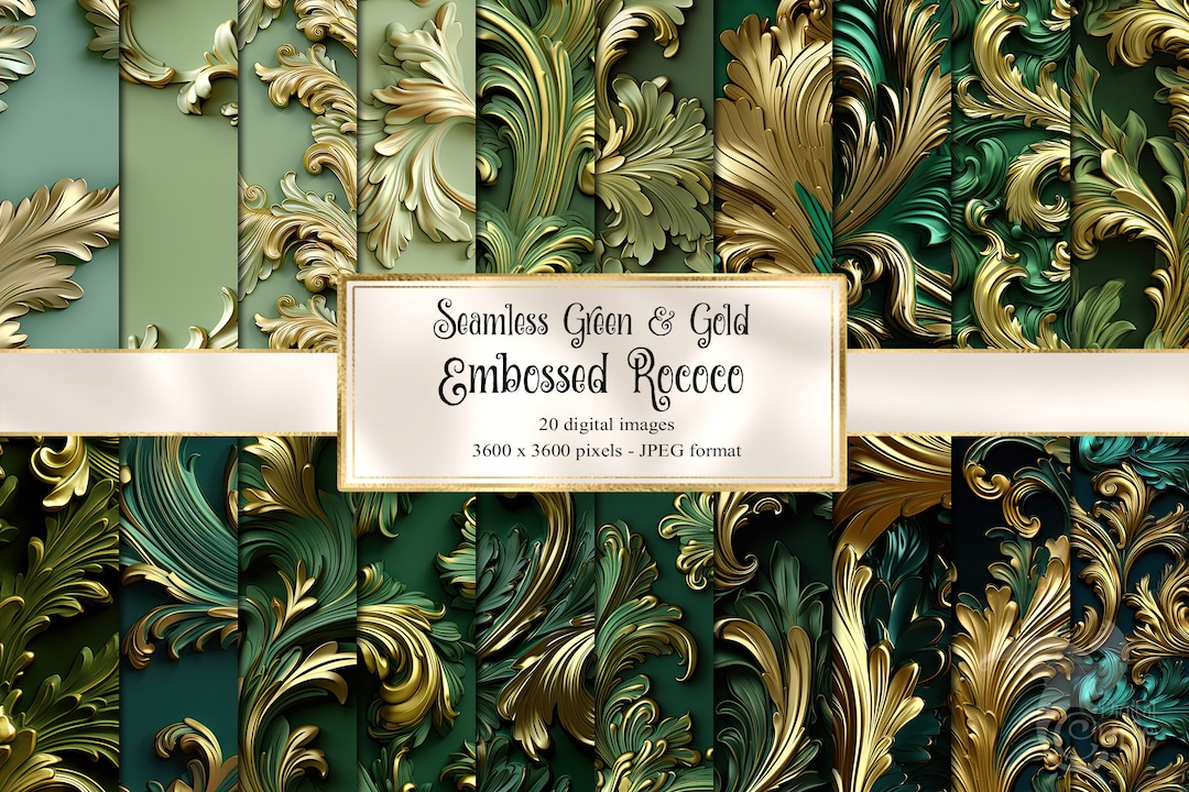 Green and Gold Rococo Digital Paper, Embossed Texture (digital Download ...
