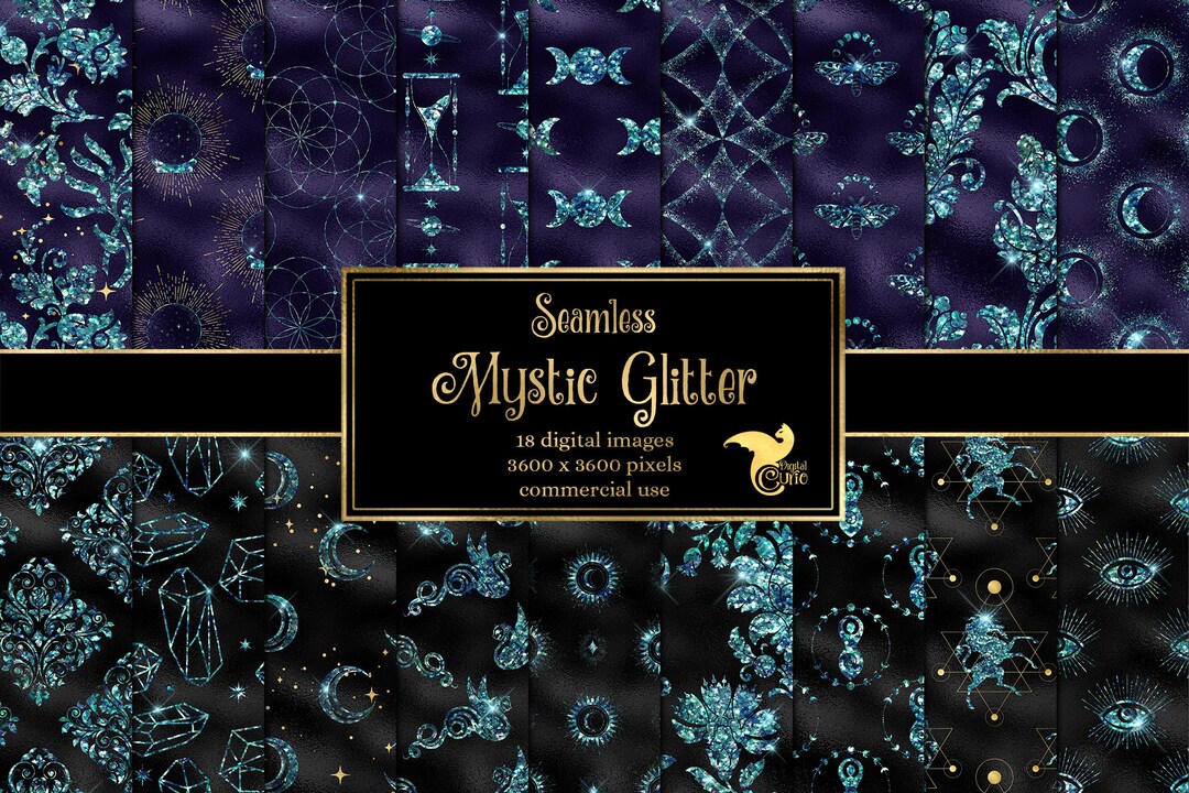 Mystic Glitter Digital Paper, Seamless Patterns With Esoteric Symbols ...
