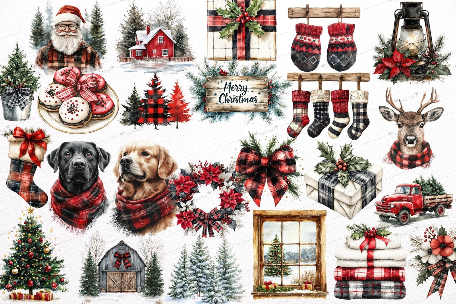 Watercolor Farmhouse Christmas Clipart – Rustic Winter PNG Graphics ...