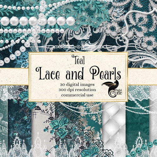 Teal Lace and Pearls Clipart Digital Scrapbooking Kit White - Etsy