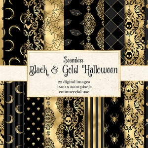 Black and Gold Halloween Digital Paper, Gothic Witch, Skulls (digital ...