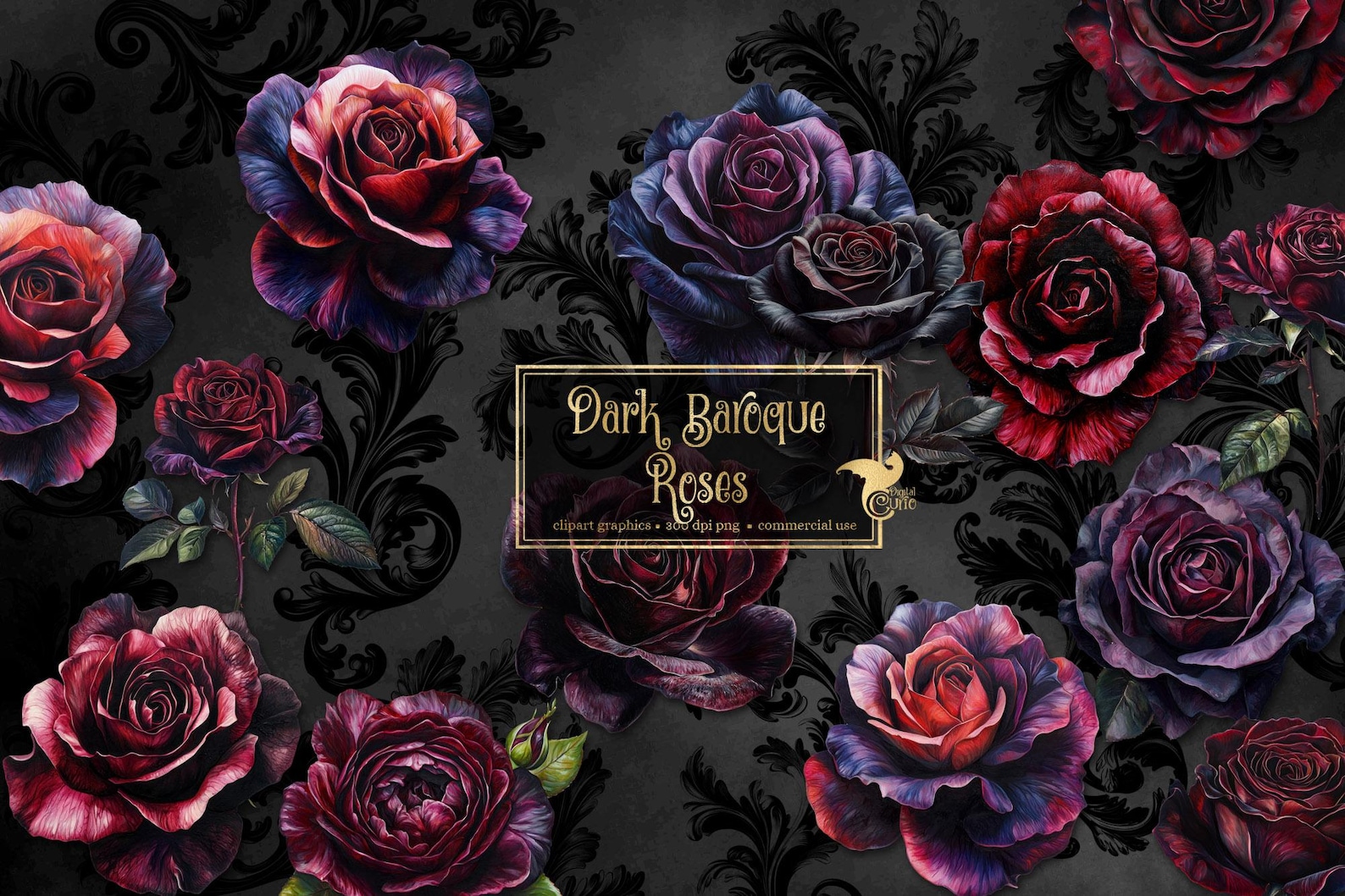 Dark Baroque Roses Clip Art, Vintage Floral PNG Embellishment (digital ...