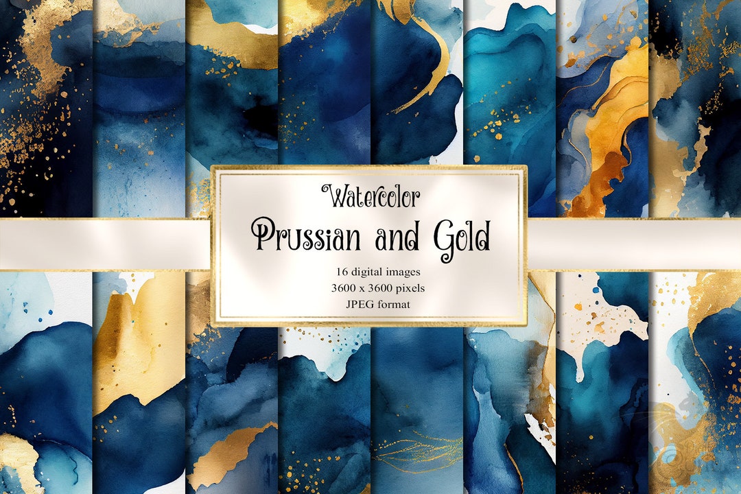 Prussian Blue & Gold Watercolor Textures – Digital Paper Set ...