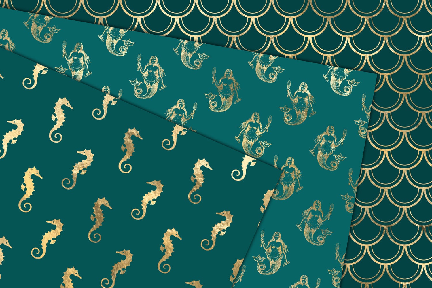 Teal and Gold Mermaid Digital Paper Seamless Gold Mermaid - Etsy