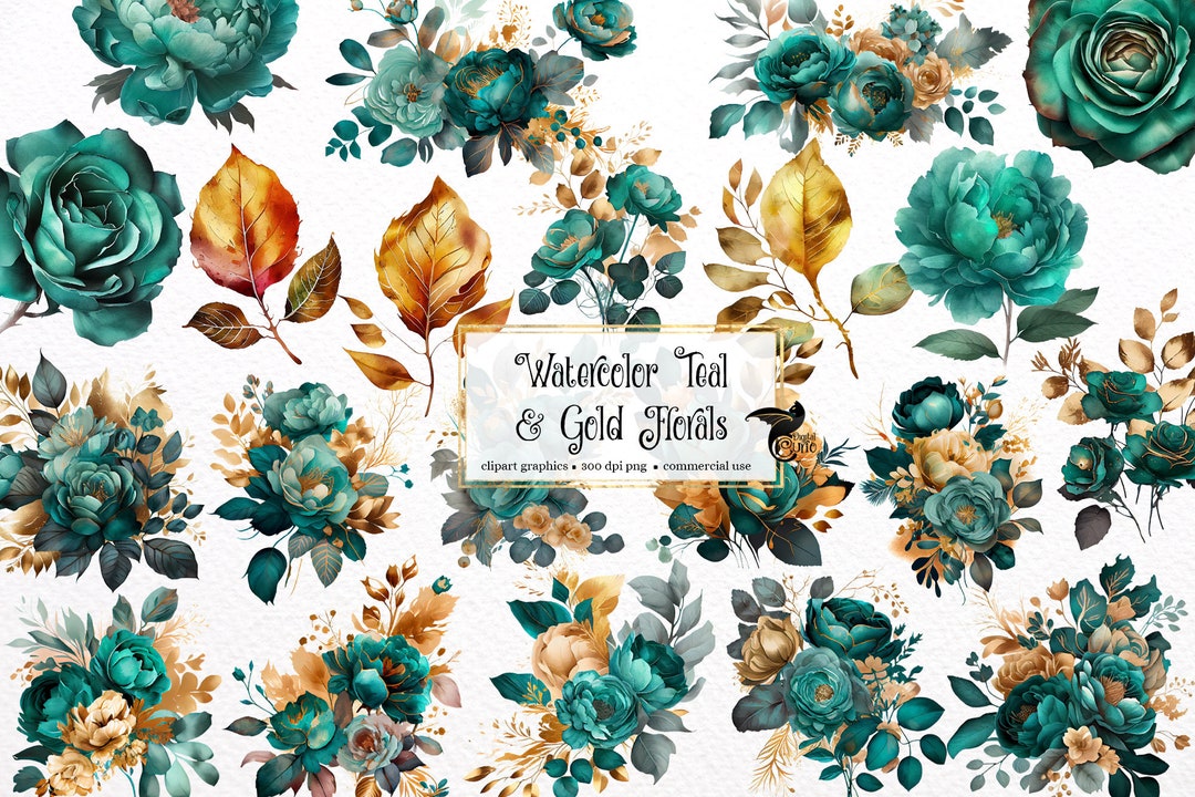 Watercolor Teal and Gold Floral Clipart - Flowers and Leaves in PNG ...