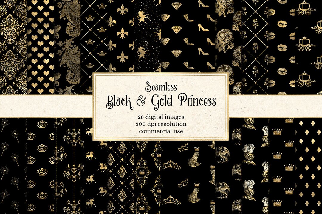 Black and Gold Princess Digital Paper, Seamless Scrapbook Patterns ...