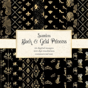 Black and Gold Princess Digital Paper, Seamless Fairy Princess Patterns ...