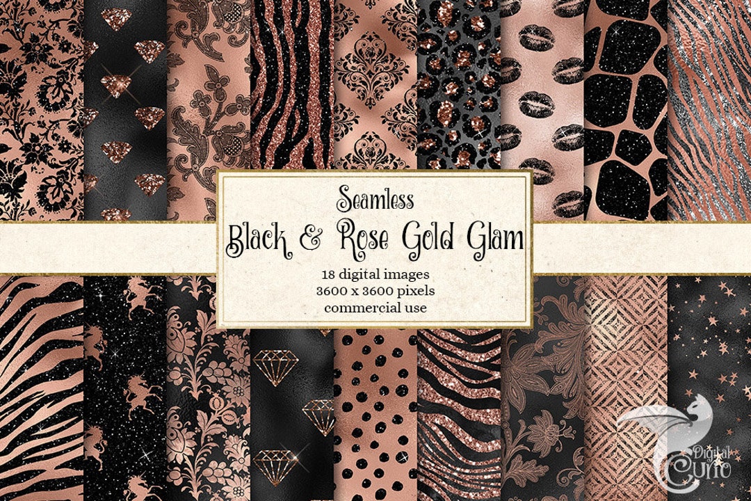 Black and Rose Gold Glam Digital Paper, Seamless Rose Gold and Black ...
