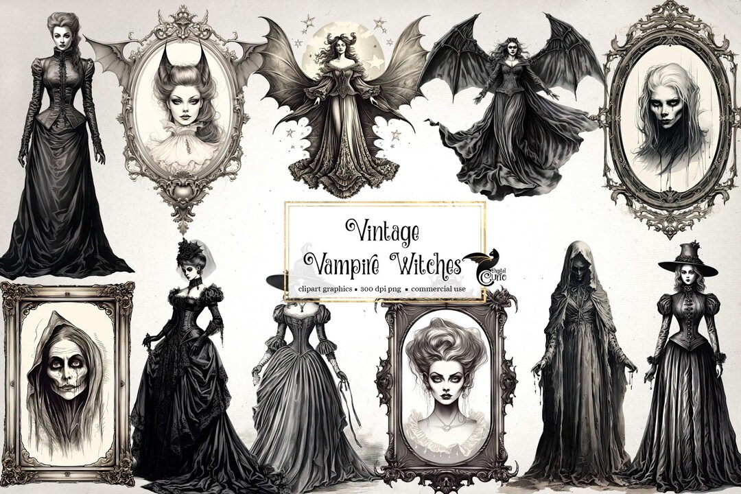 Vintage Vampire Witches Clipart – Victorian Halloween PNG Overlays ...