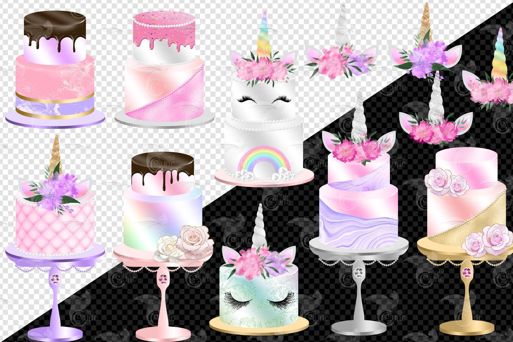 Unicorn Cakes Clipart Magical Rainbow Pastel and Gold Foil - Etsy
