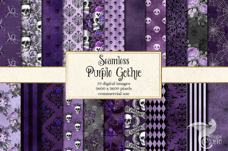 Purple Gothic Digital Paper, Skull Damask, Grunge Texture (digital ...